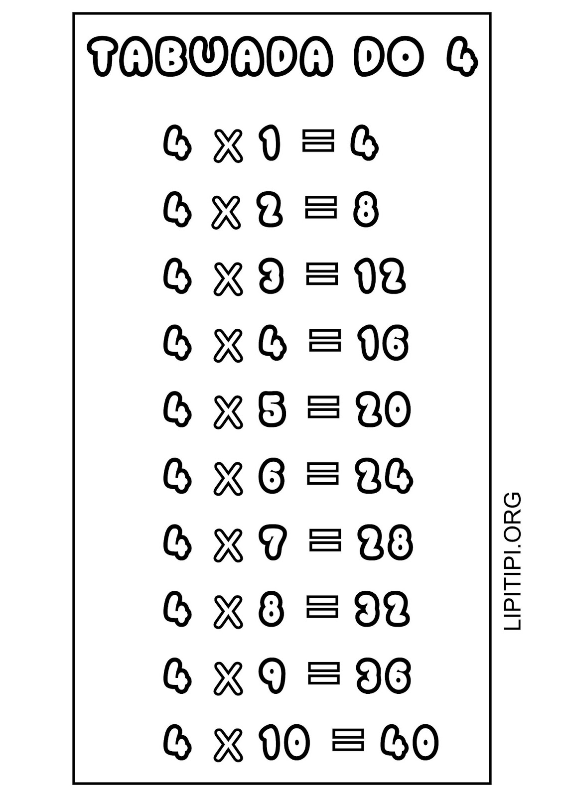 Tabuada do 4 para imprimir e colorir aprenda estudando
